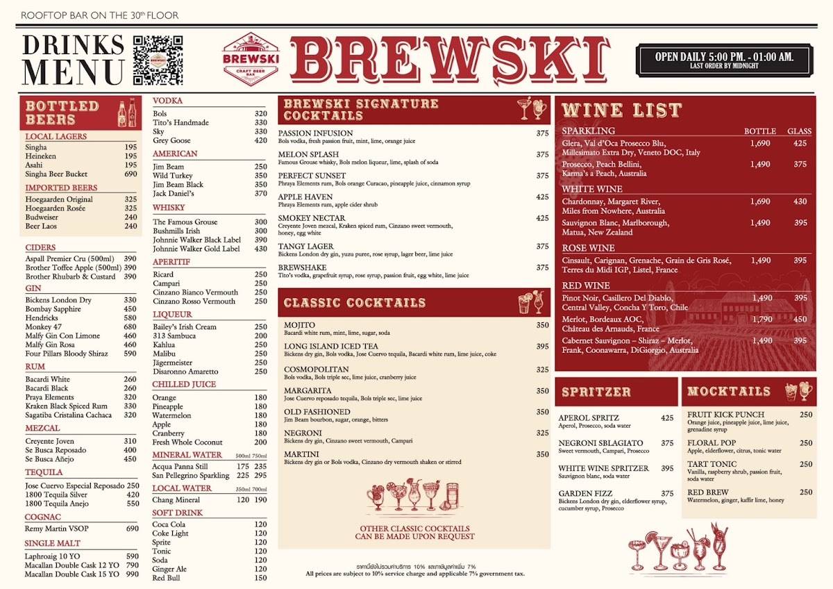 Menu at Brewski Rooftop Beer Bar at Radisson Blu Plaza Bangkok, Bangkok