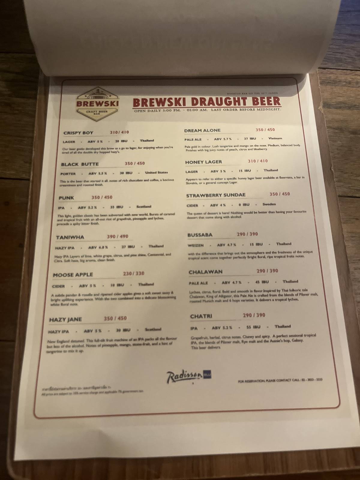 Menu at Brewski Rooftop Beer Bar at Radisson Blu Plaza Bangkok, Bangkok