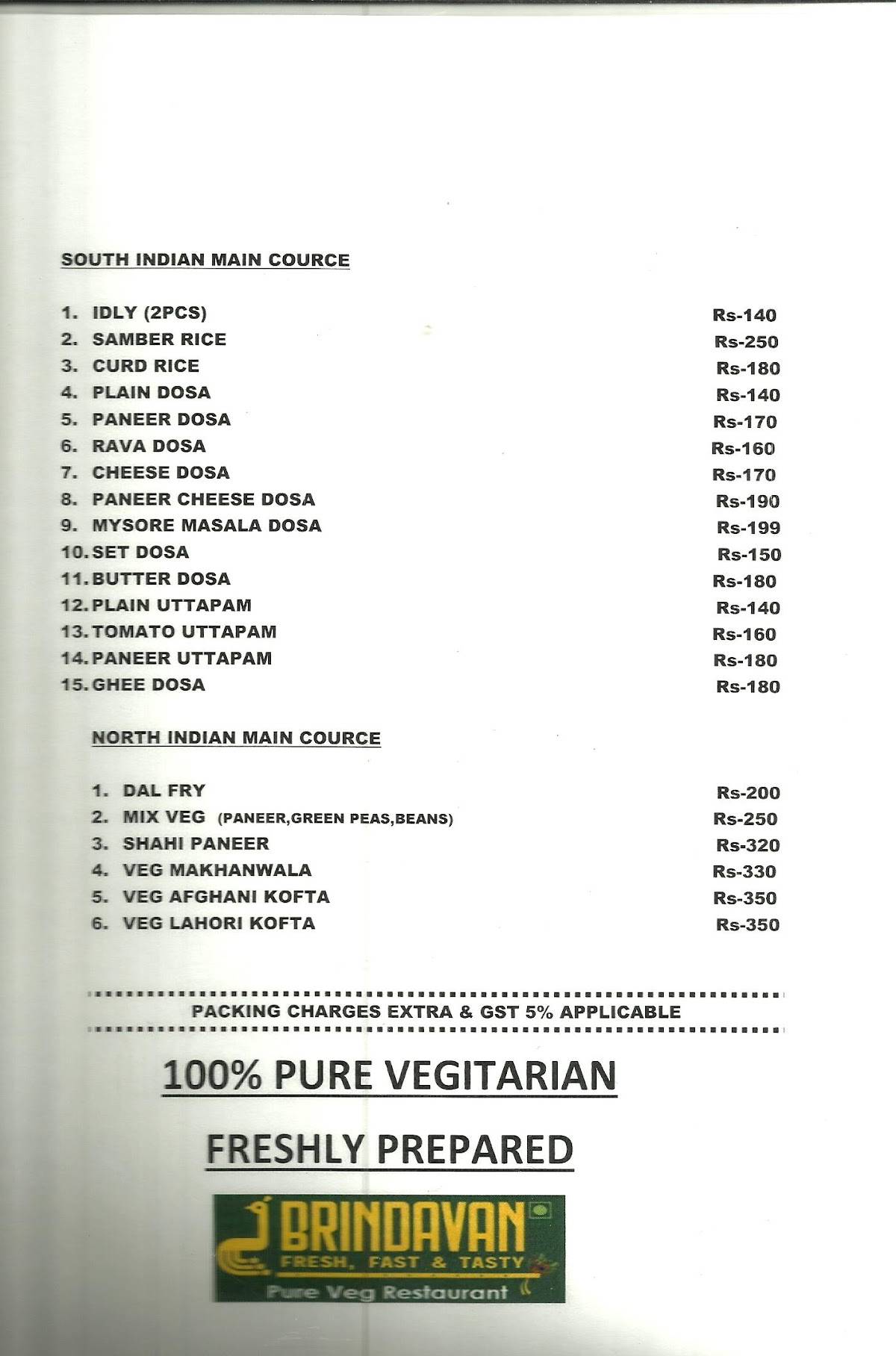 Menu at Brindavan Pure Veg Restaurant, Mandi
