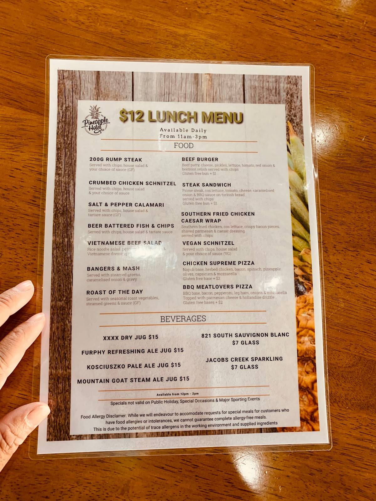 Menu at Pineapple Hotel pub & bar, Kangaroo Point, 706 Main St