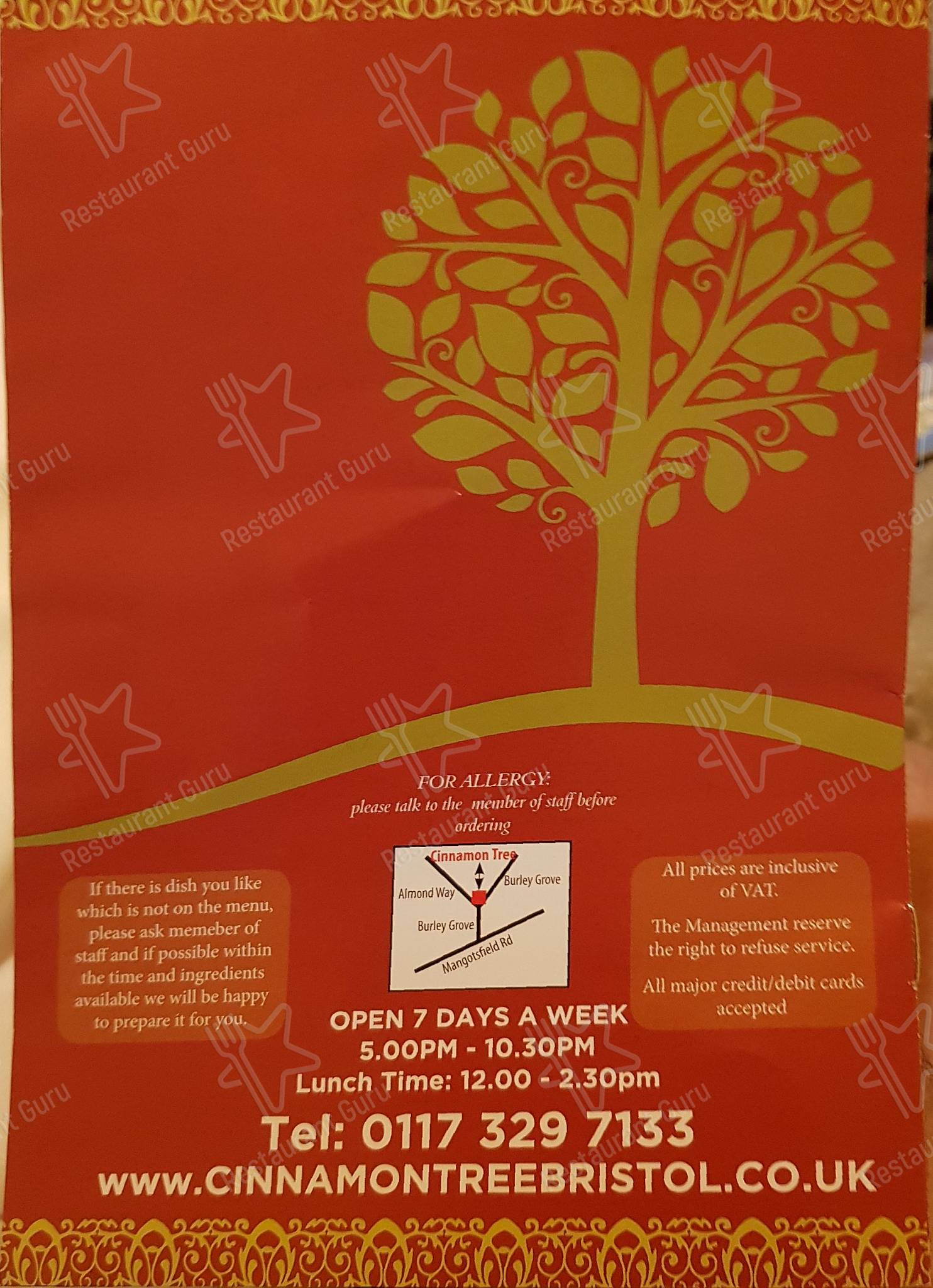 Menu at The Cinnamon Tree restaurant, Bristol