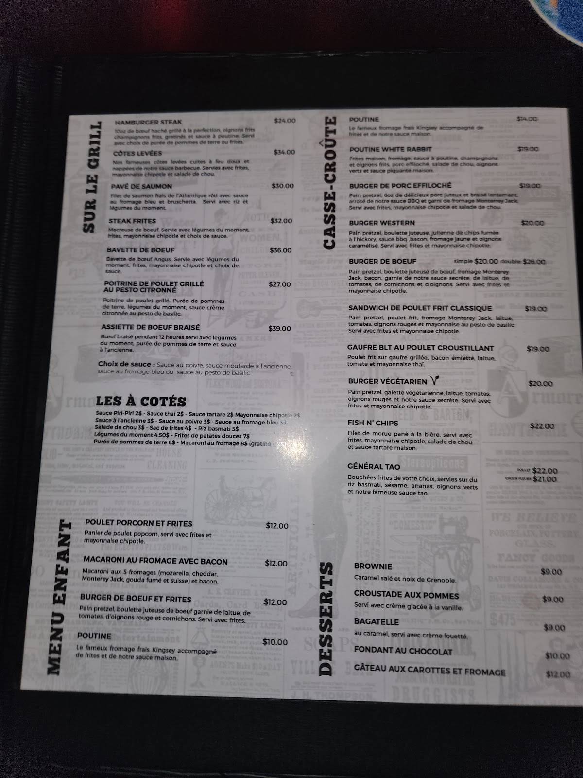 Menu au Le White Rabbit pub et bar, Brossard, Boul. Lapinière