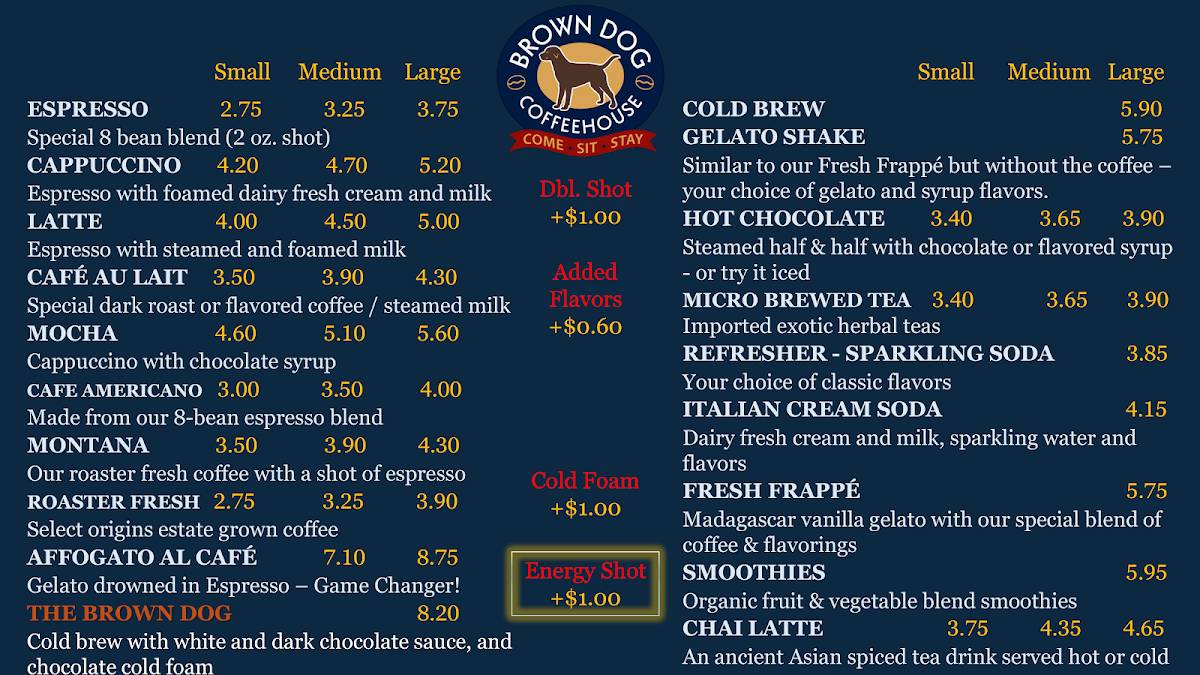 Menu at Brown Dog Coffeehouse, Ocala
