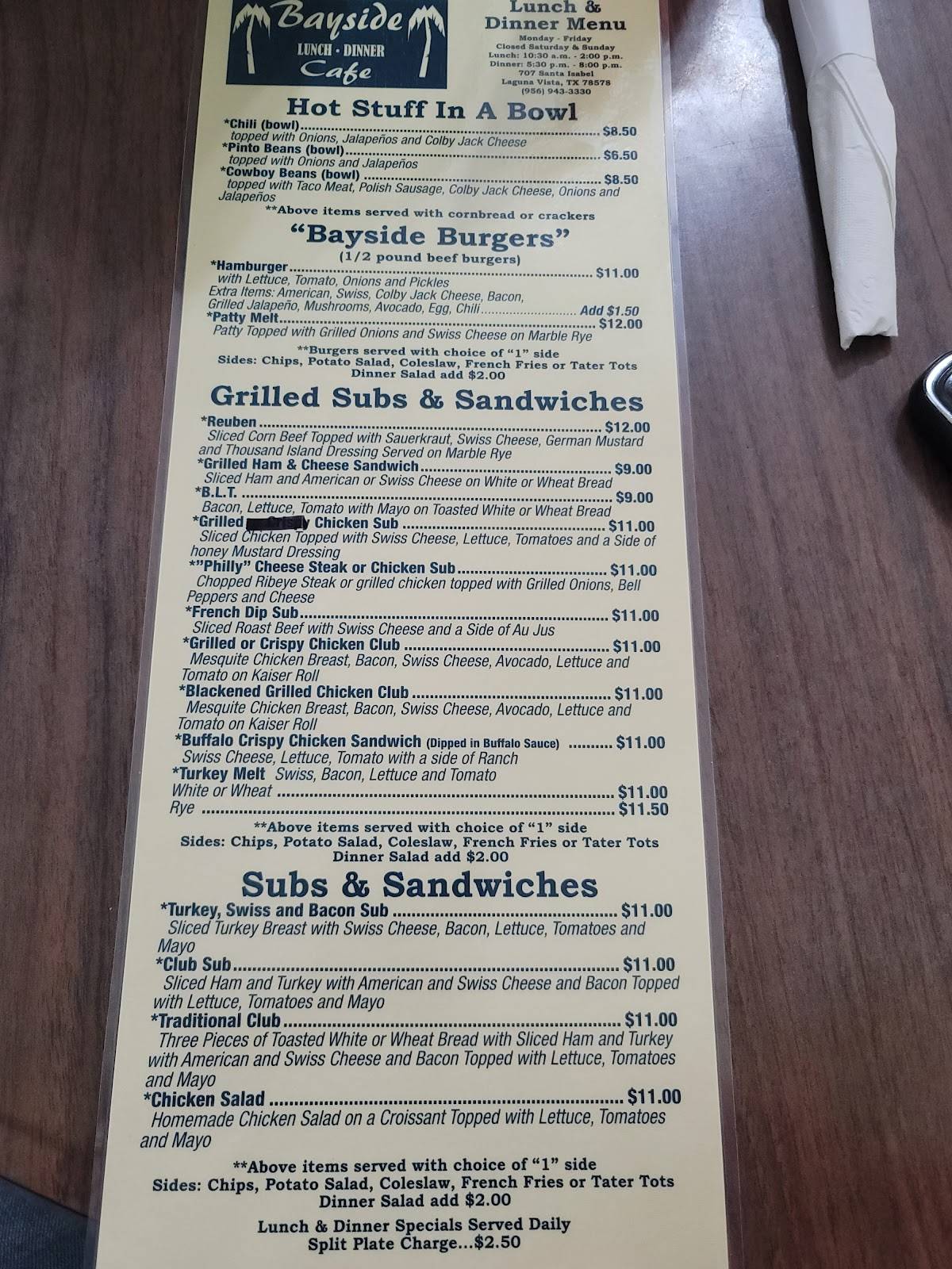 Menu at Bayside Cafe, Laguna Vista, 707 Santa Isabel Blvd #2647