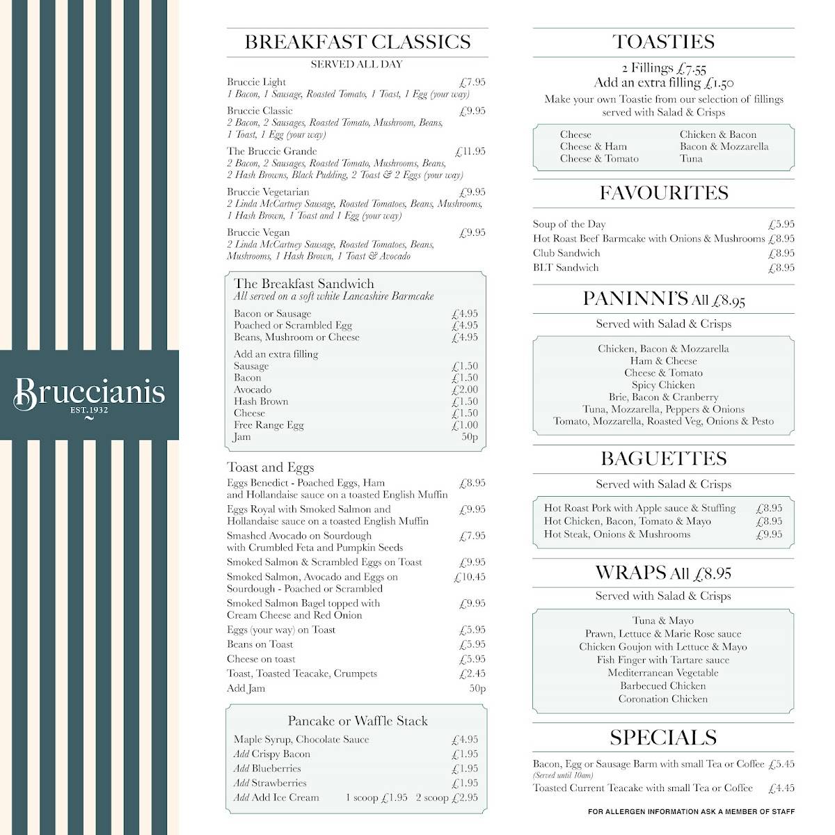 Menu at Brucciani's Café cafe, Preston