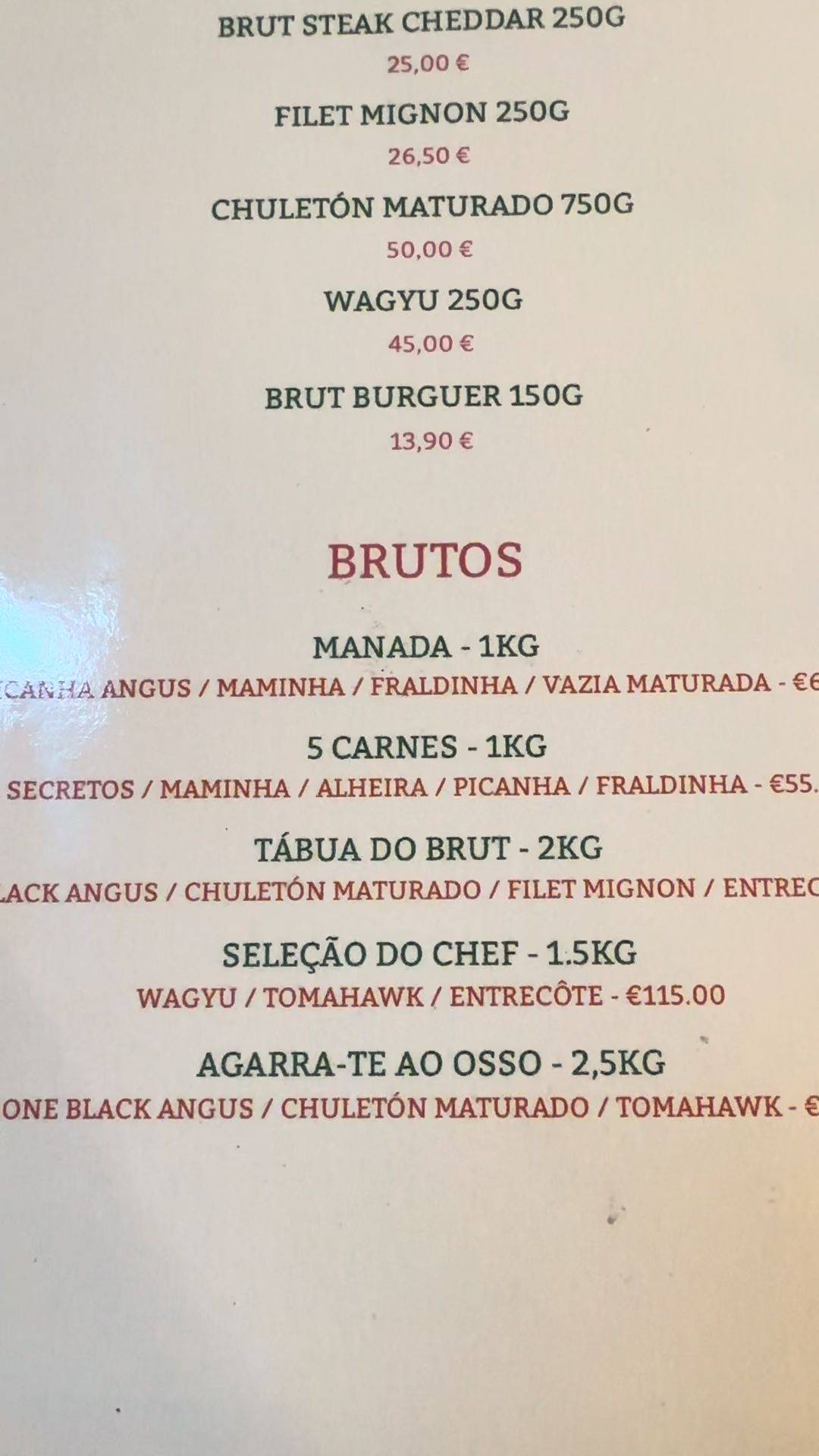 Menu em Brut by Natábua restaurante, Lisboa