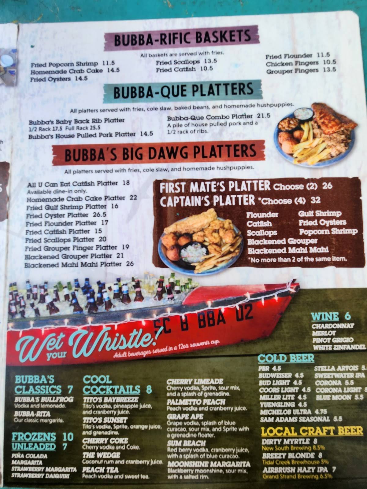 Menu at Bubba's Fish Shack restaurant, Surfside Beach