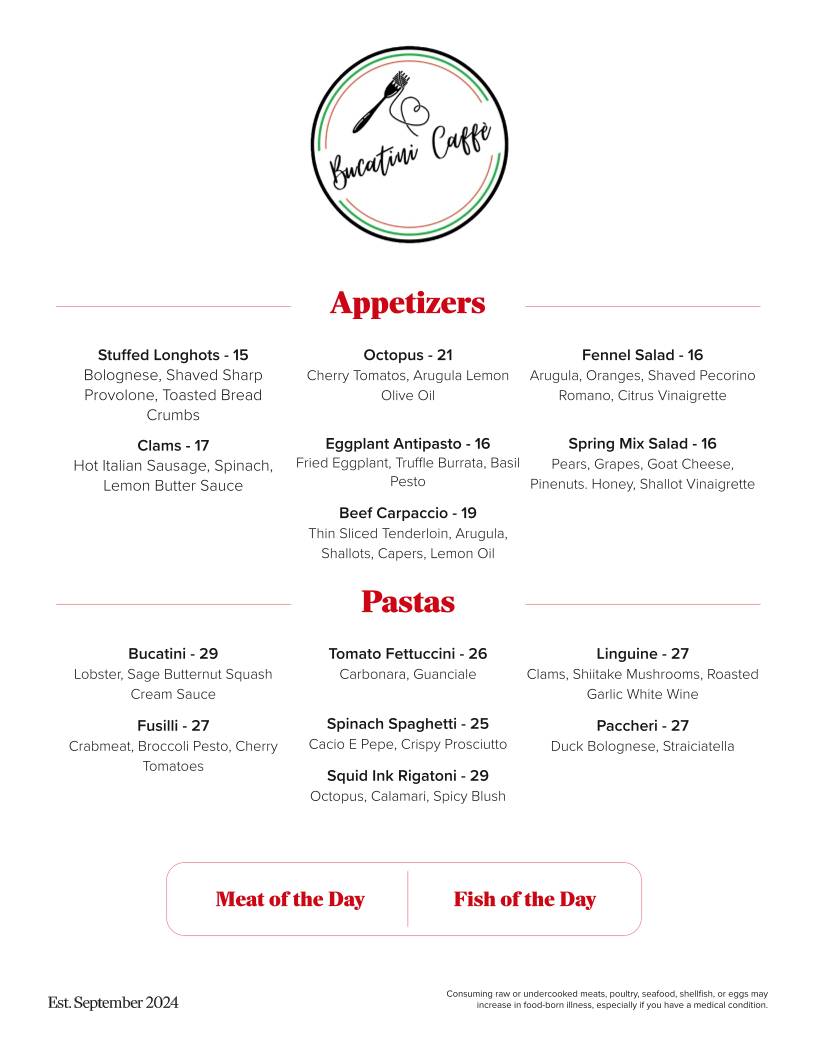 Menu at Bucatini Caffè restaurant, Philadelphia