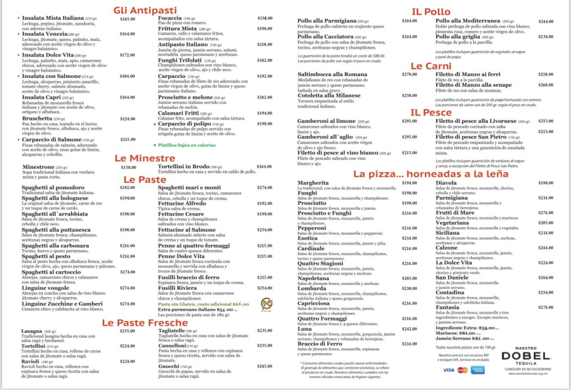 Menu at La Dolce Vita restaurant, Bucerías