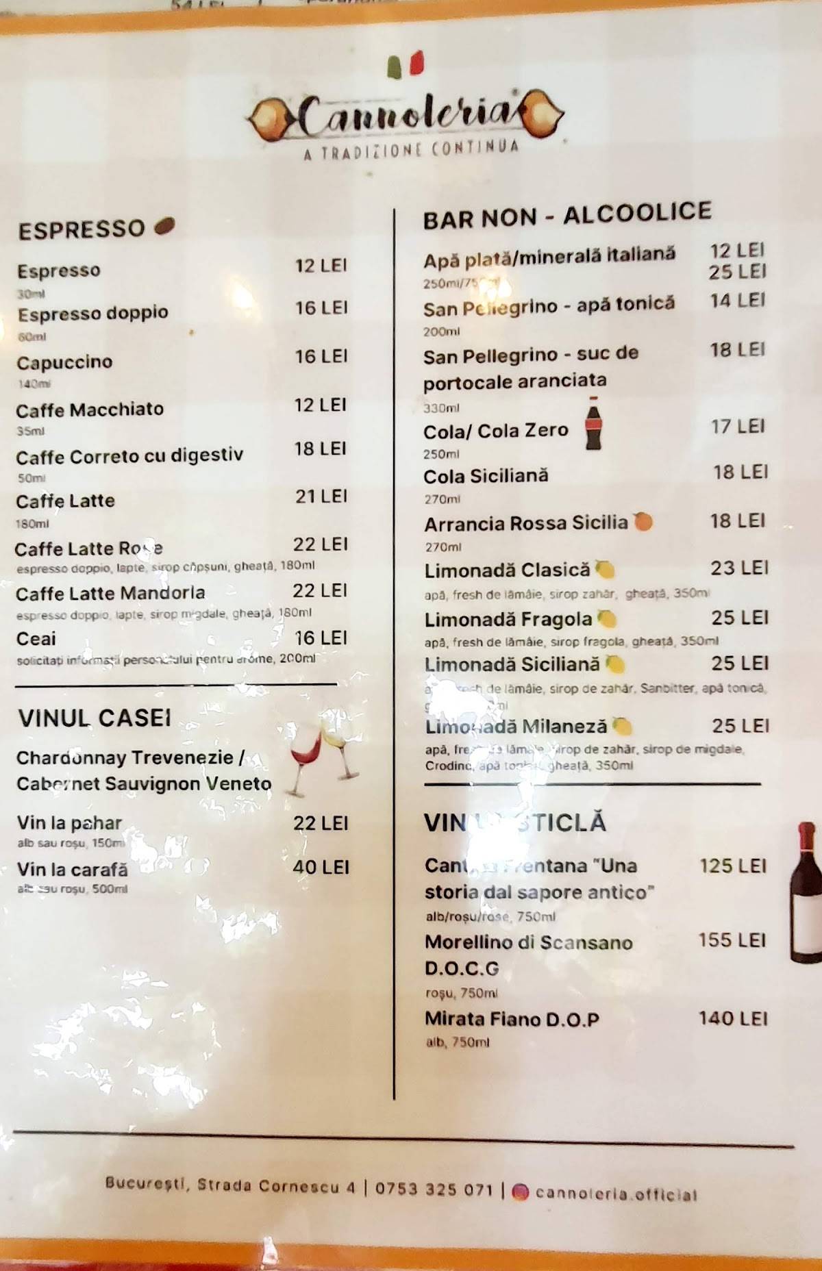 Menu at Cannoleria, Bucharest