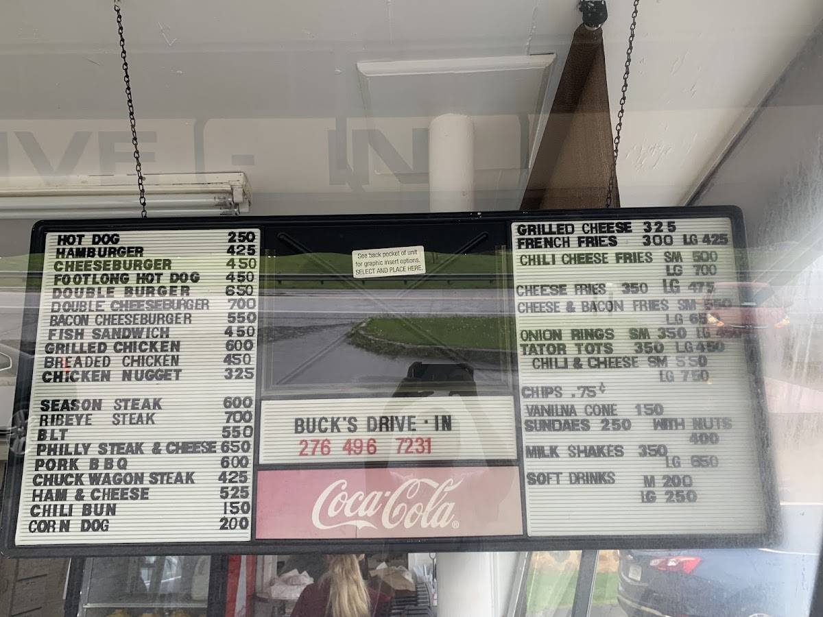 Menu at Buck's Drive-In restaurant, Saltville