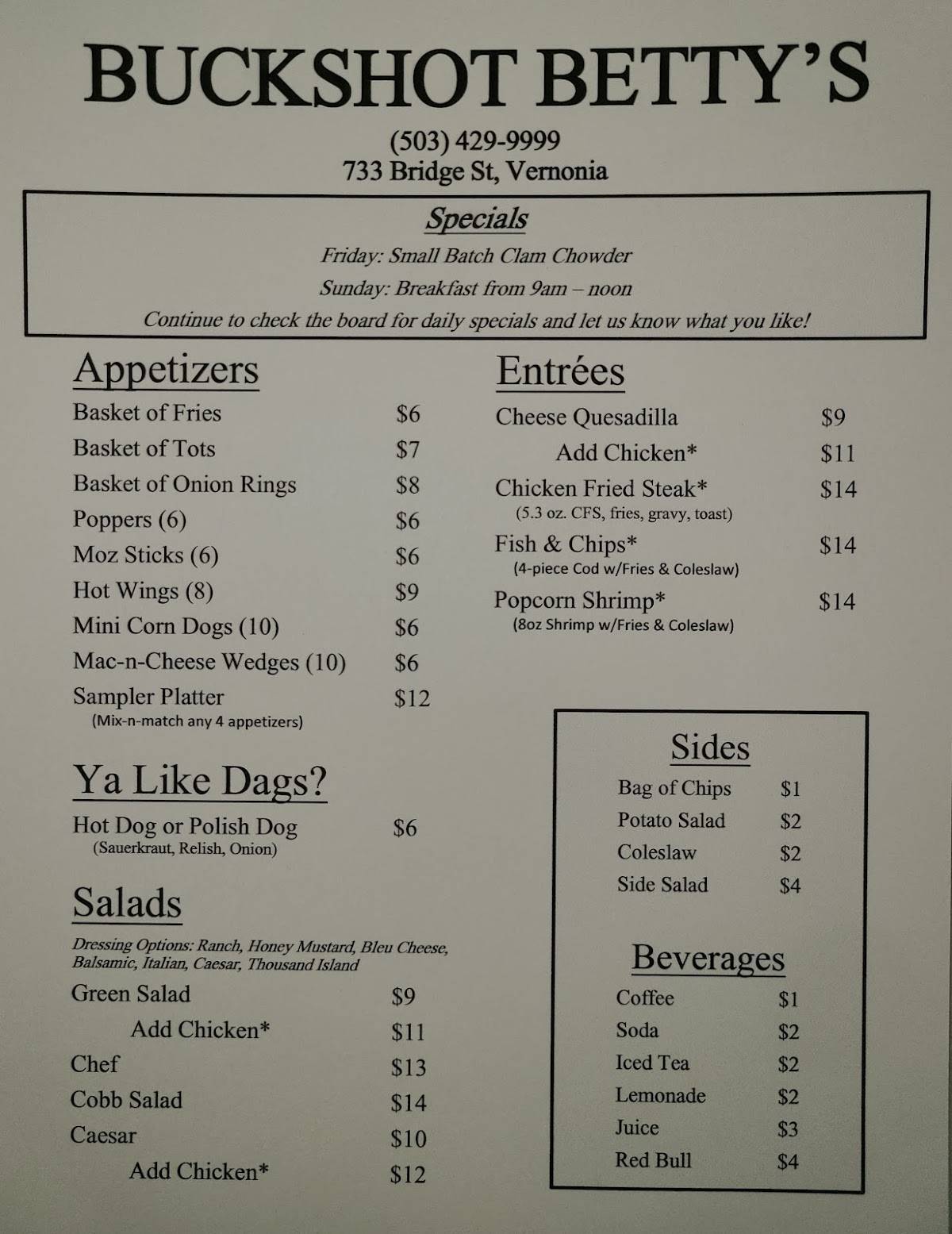 Menu at Buckshot Betty's pub & bar, Vernonia