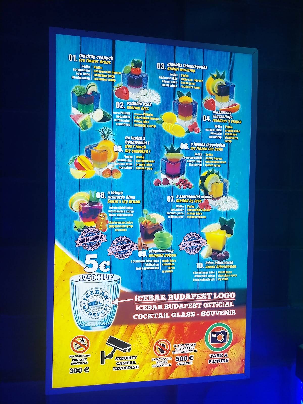 Menu at Ice Bar, Budapest