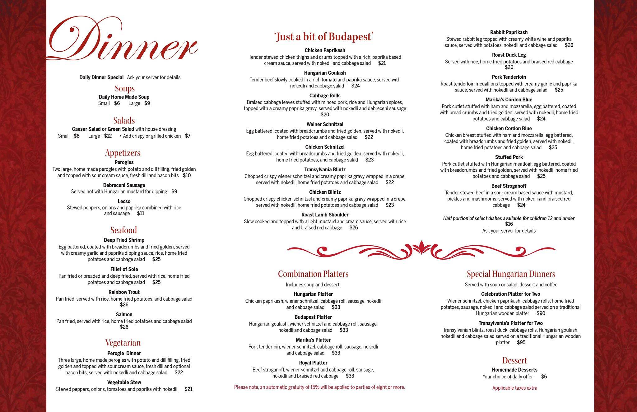 Menu at Budapest Restaurant, London, 348 Dundas St