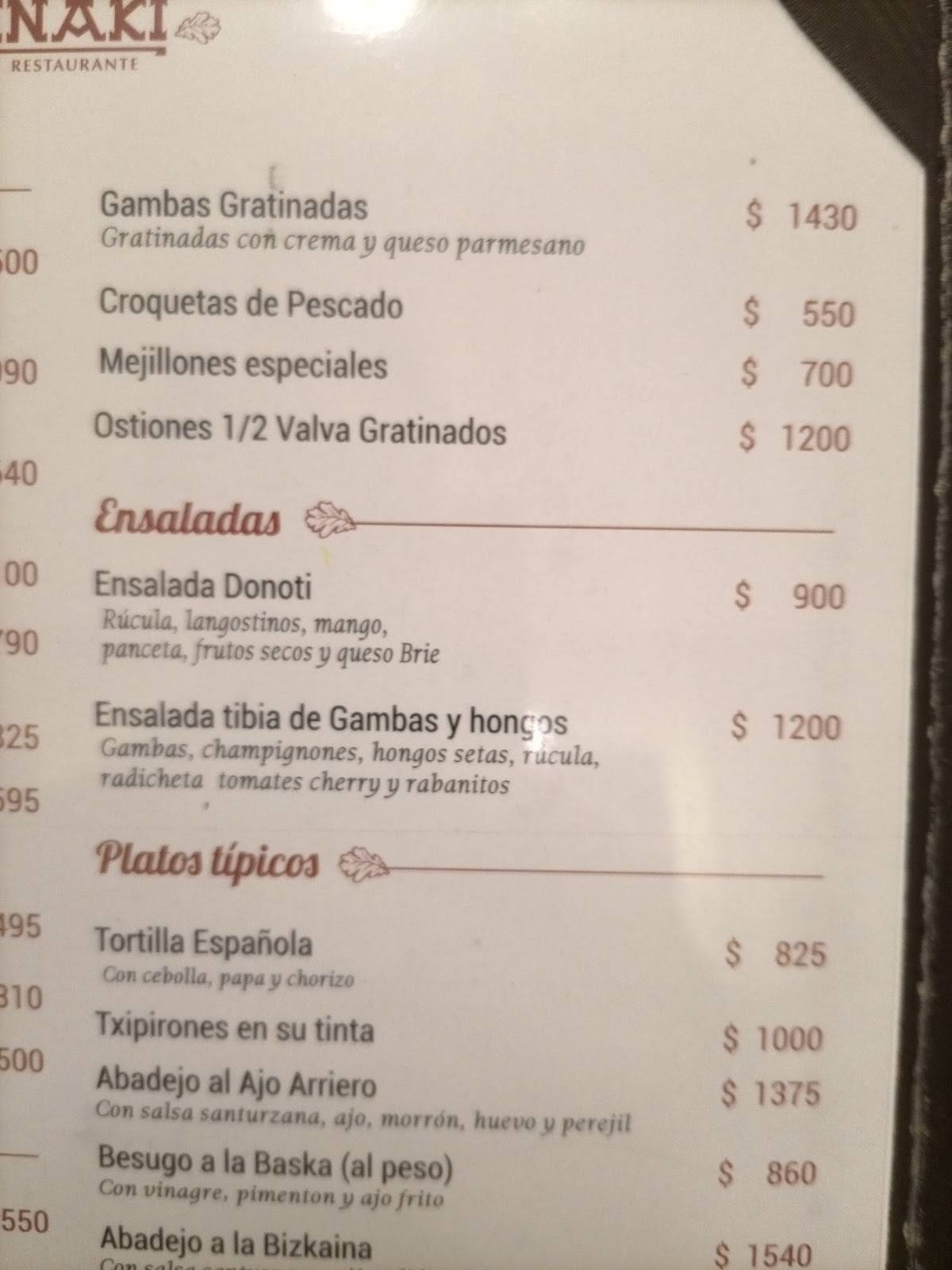Carta de Iñaki Restaurante, Buenos Aires