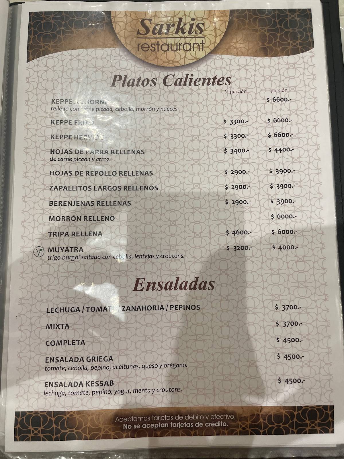 Carta del restaurante Sarkis, Buenos Aires