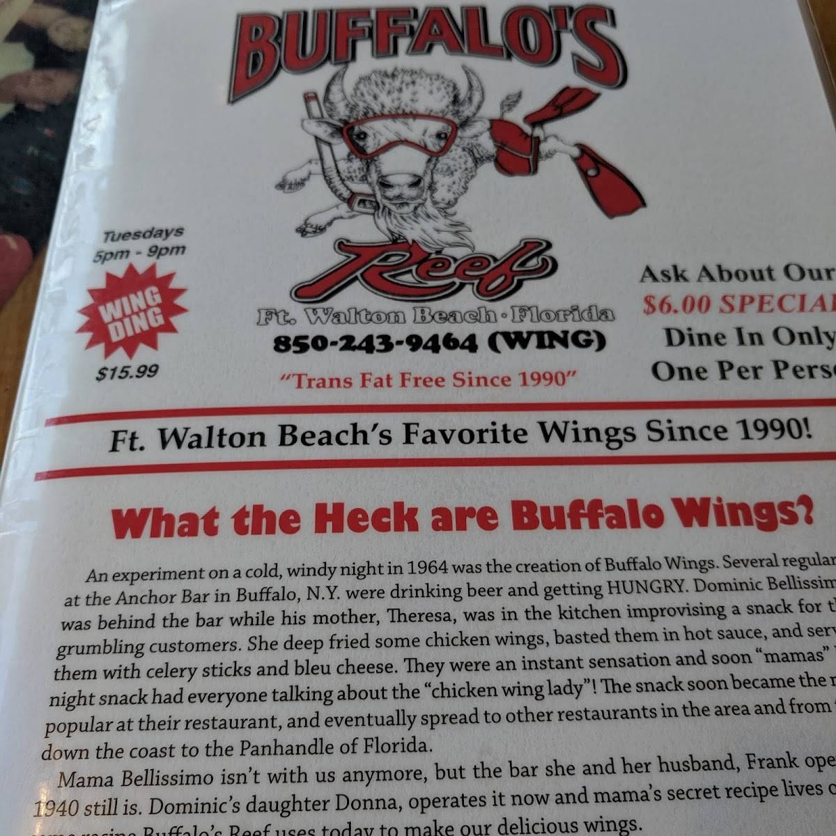 Menu at Buffalo's Reef restaurant, Fort Walton Beach