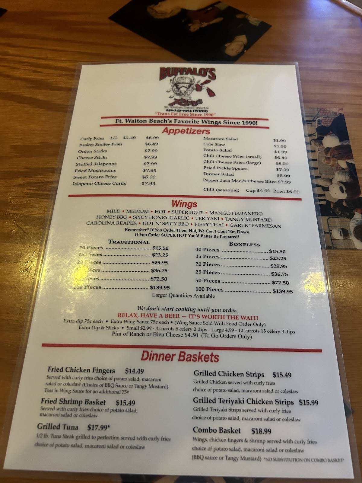 Menu at Buffalo's Reef restaurant, Fort Walton Beach