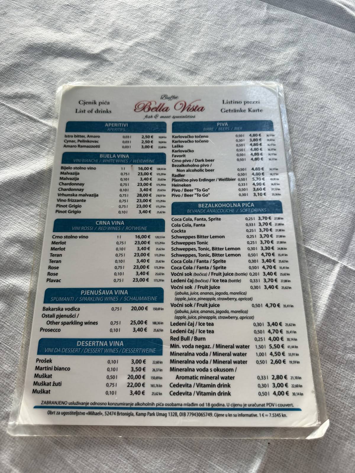 Menu at Buffet Bella Vista restaurant, Lovrečica