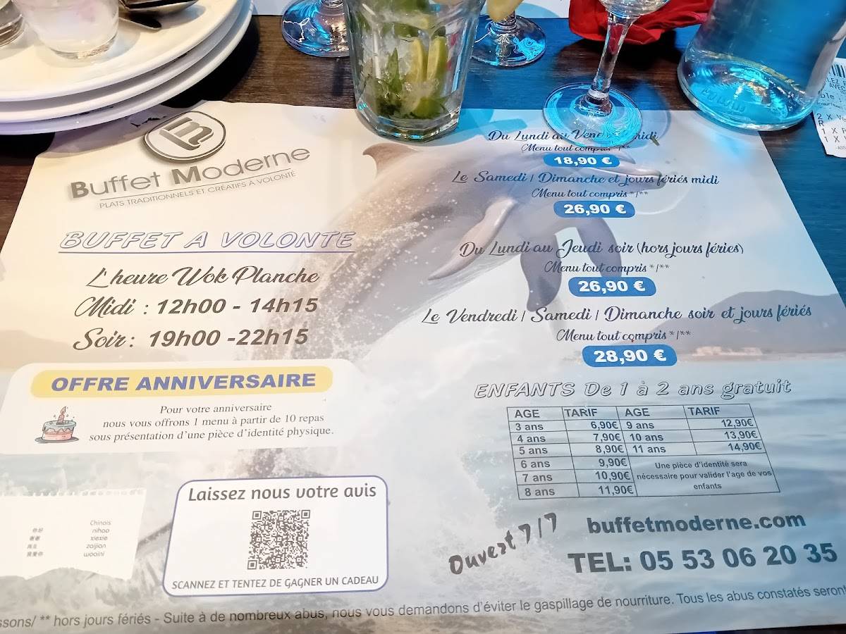 Menu au Buffet Moderne restaurant, Boulazac