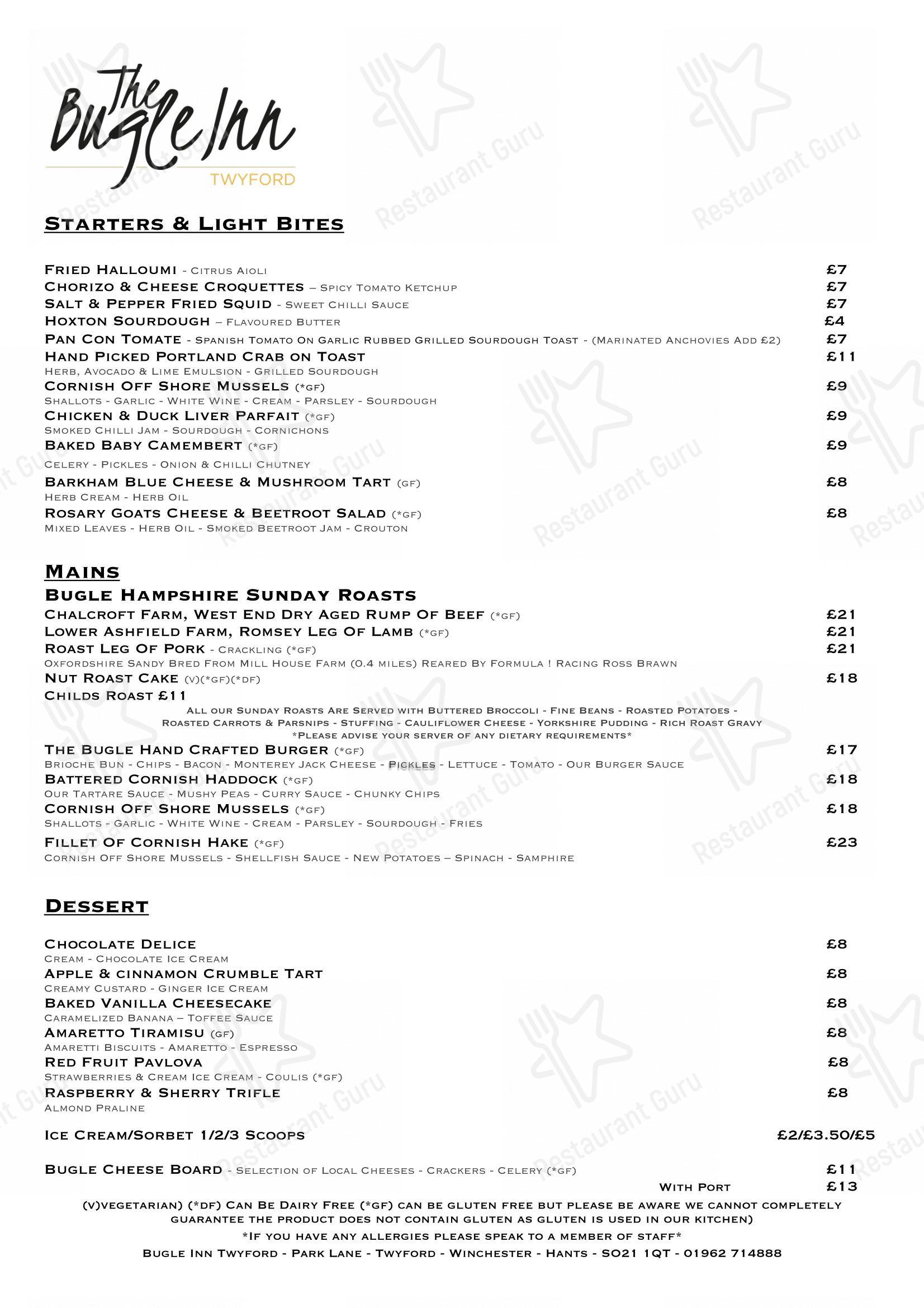 Menu at Bugle Inn pub & bar, Winchester