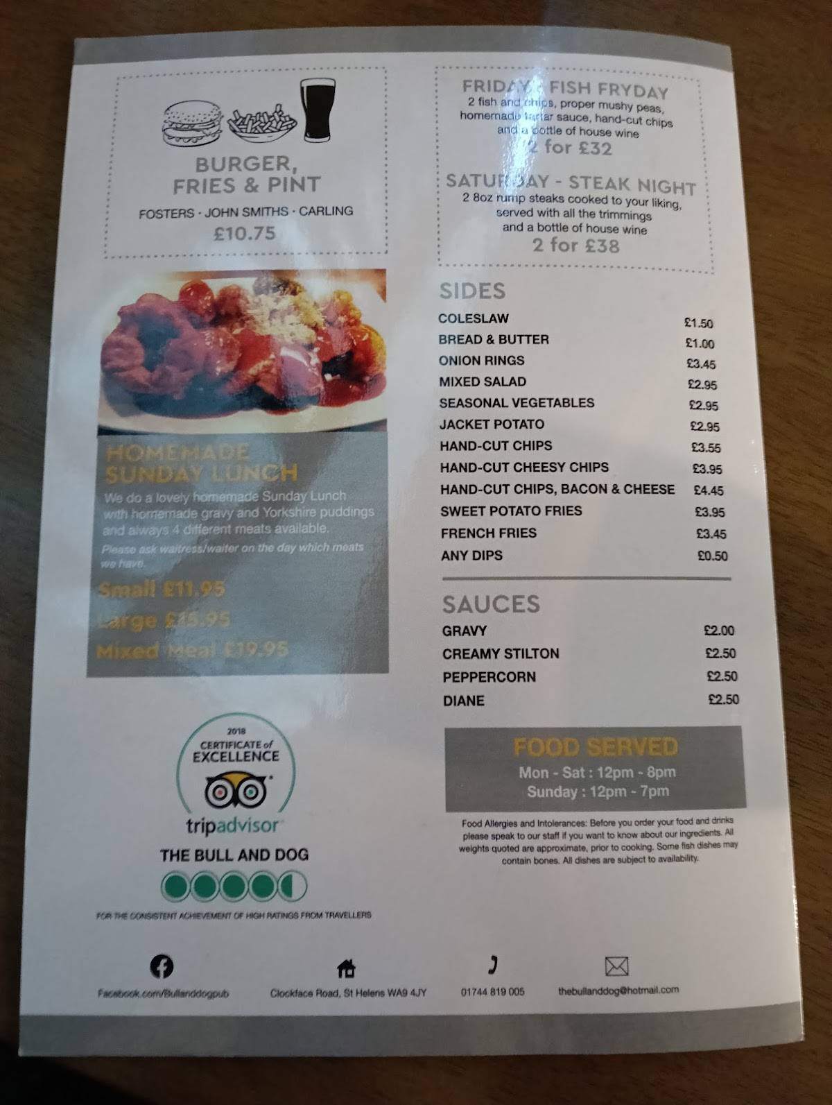 Menu at Bull & Dog pub & bar, St Helens