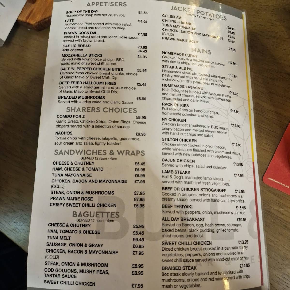 Menu at Bull & Dog pub & bar, St Helens