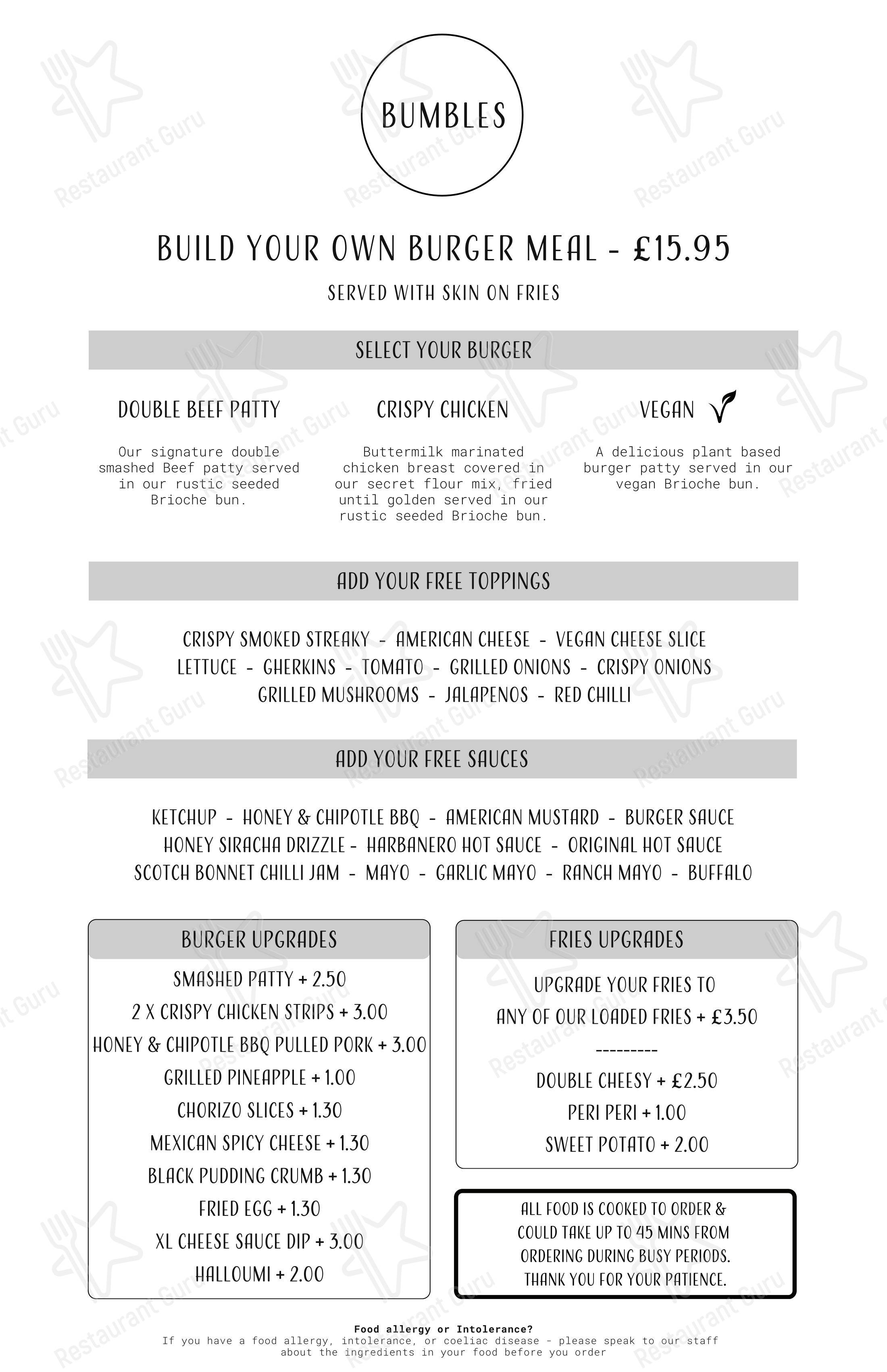 Menu at Bumbles Studley restaurant, Studley