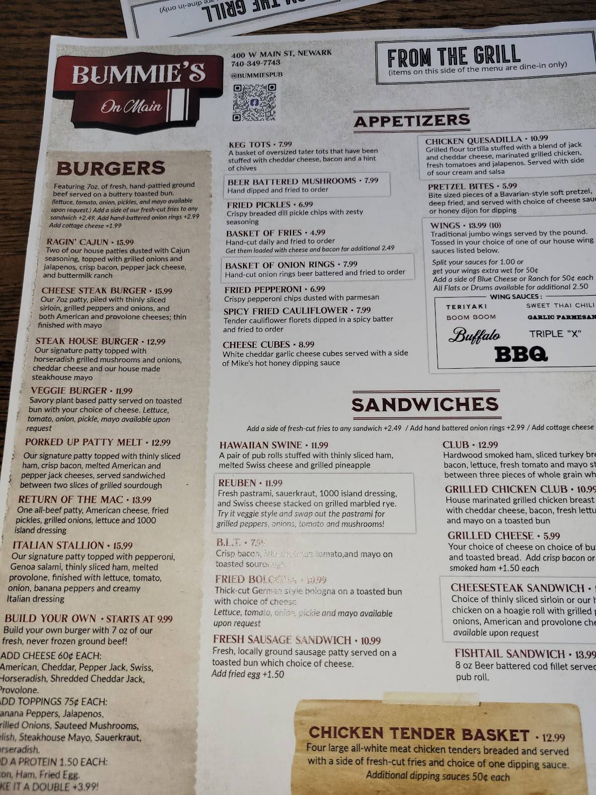 Menu at Bummie's On Main restaurant, Newark