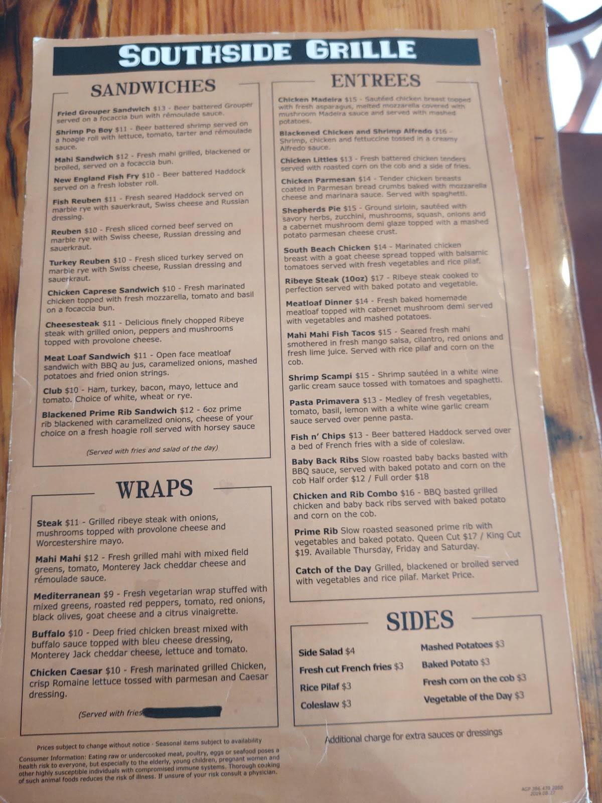 Menu at Southside Grille restaurant, Bunnell, S State St