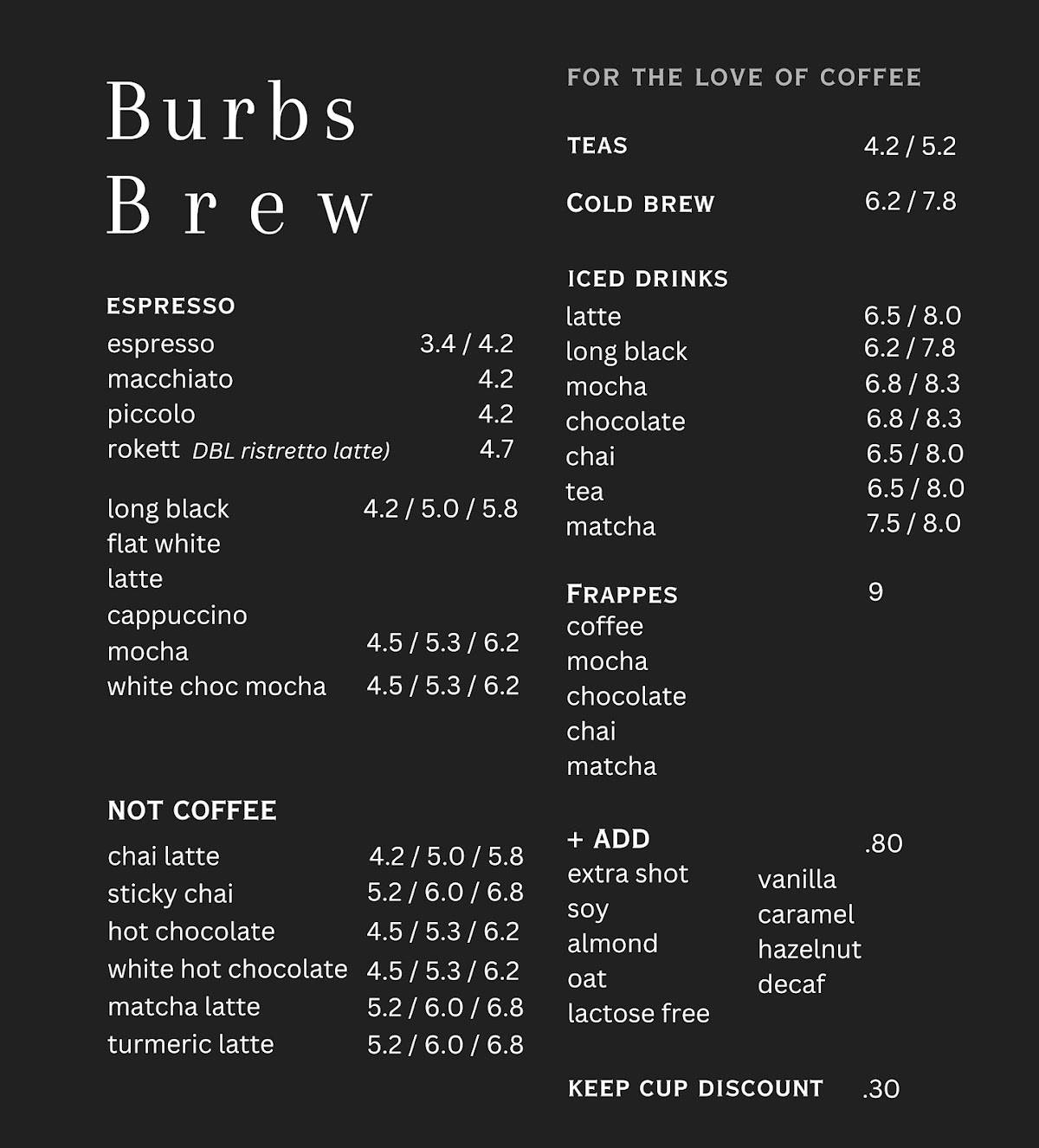 Menu at Burbs Brew Espresso Bar, Surry Hills