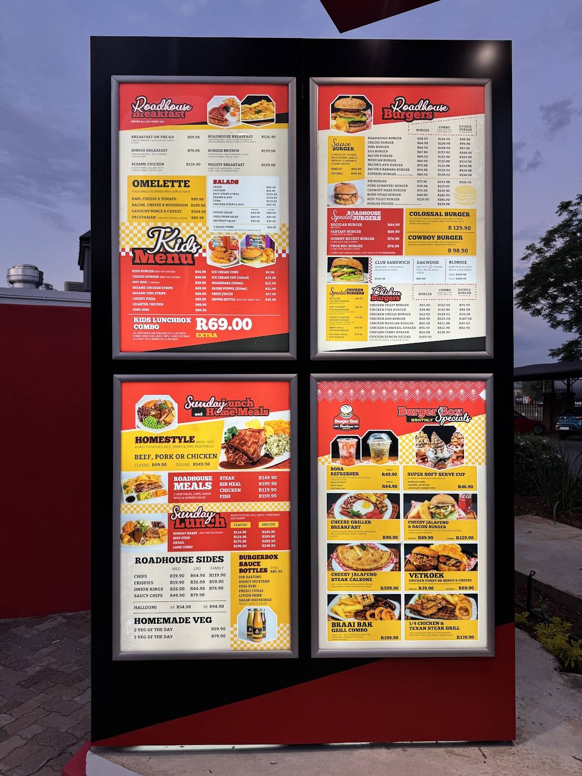 Menu at Burger Box Roadhouse and Drive-thru Montana restaurant, Pretoria