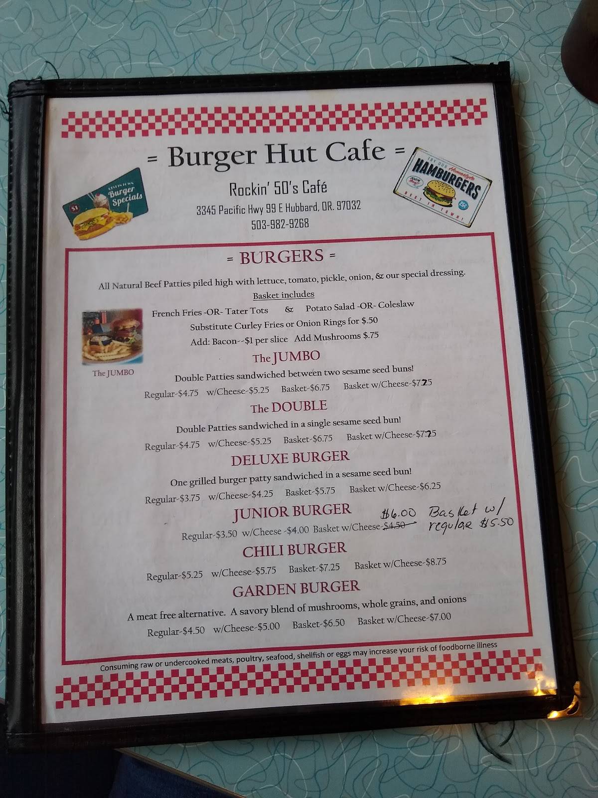 Menu at Burger Hut restaurant, Hubbard