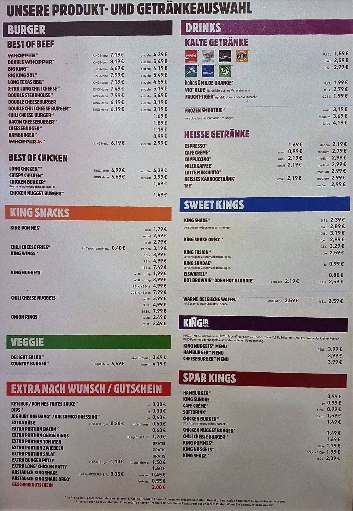 Speisekarte von BURGER KING Deutschland GmbH fast Food, Ibbenbüren