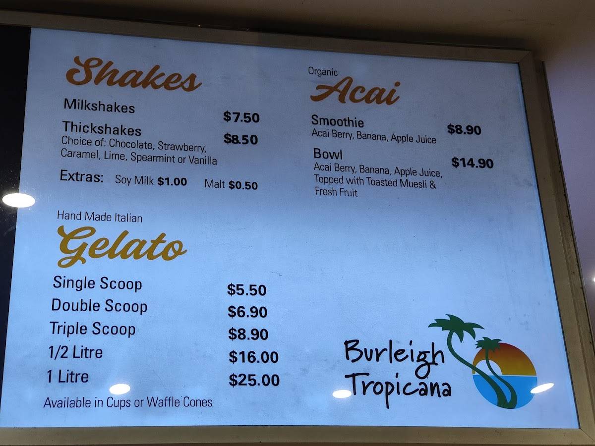 Menu at Burleigh Tropicana Cafe, Burleigh Heads, Gold Coast Hwy