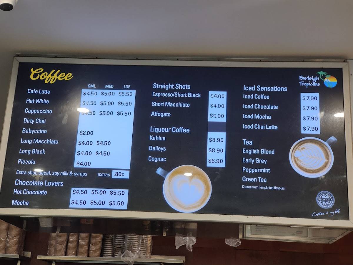 Menu at Burleigh Tropicana Cafe, Burleigh Heads, Gold Coast Hwy