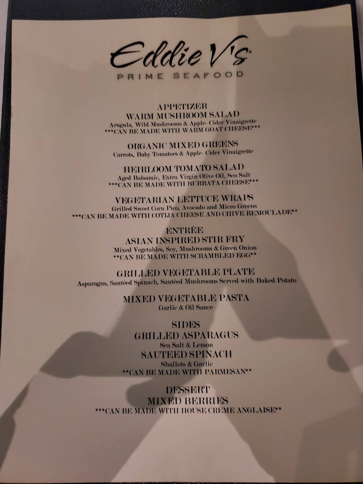 Menu at Eddie V's Prime Seafood steakhouse, Burlington