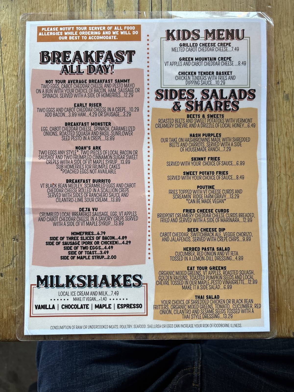 Menu at The Skinny Pancake Burlington restaurant, Burlington, 60 Lake St