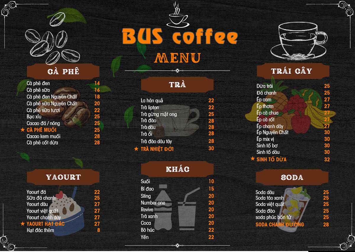 Menu at Bus Coffee cafe, Ninh Hòa