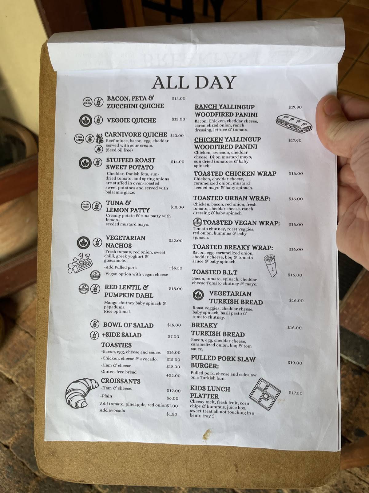 Menu at The Urban Coffee House, West Busselton