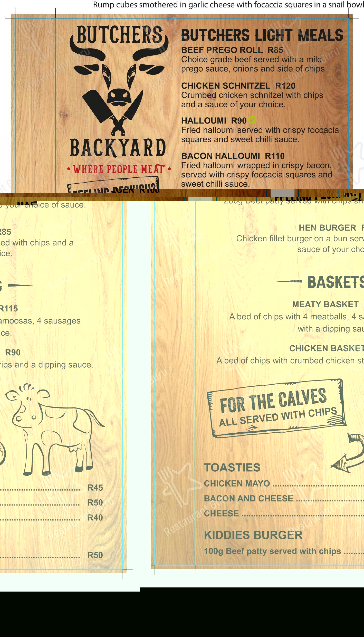 Menu at Butcher's Backyard restaurant, Benoni