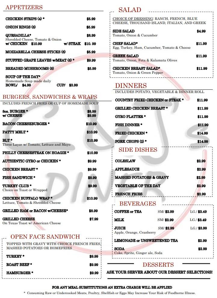 Menu at C&J's diner restaurant, Brunswick