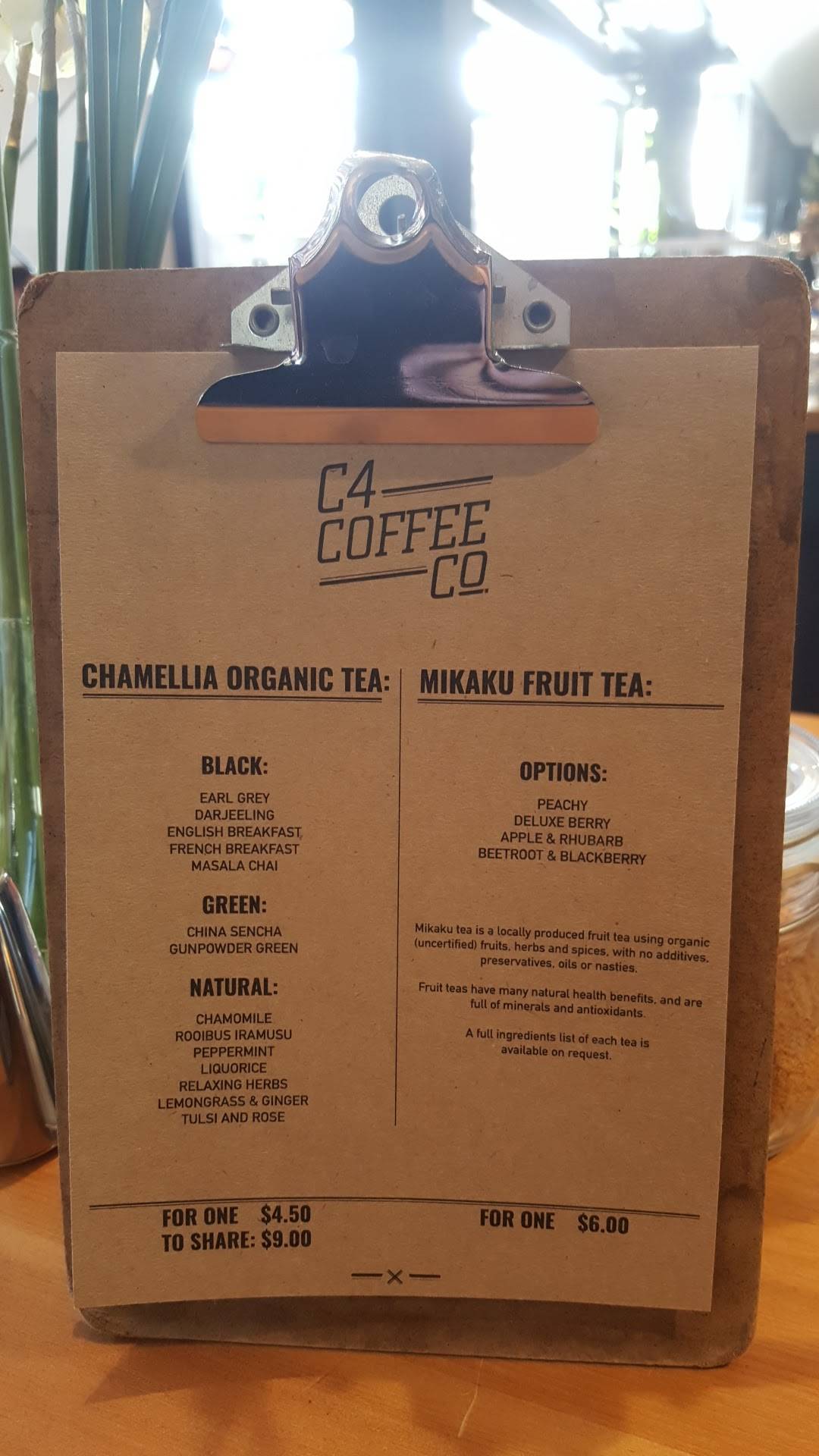 Menu at C4 Coffee Co. cafe, Christchurch