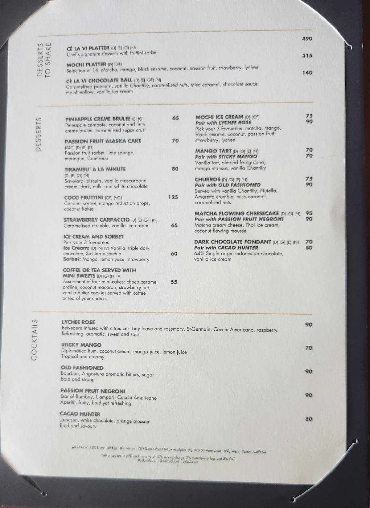 Menu at CÉ LA VI restaurant, Dubai