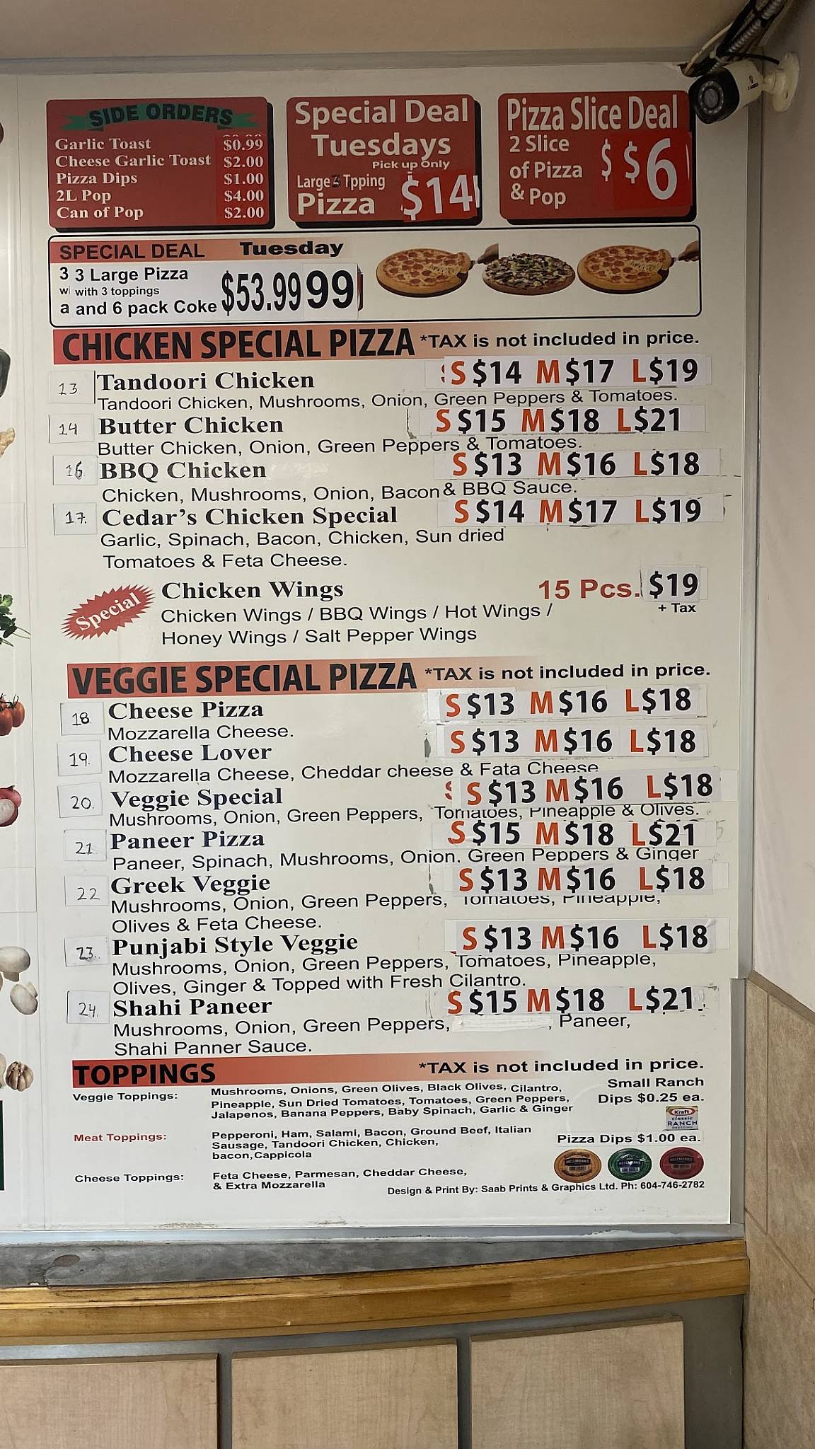 Menu at CEDAR PIZZA restaurant, Mission