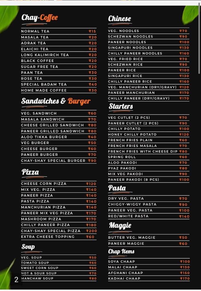 Menu at CHAY-SHAY, Unnao