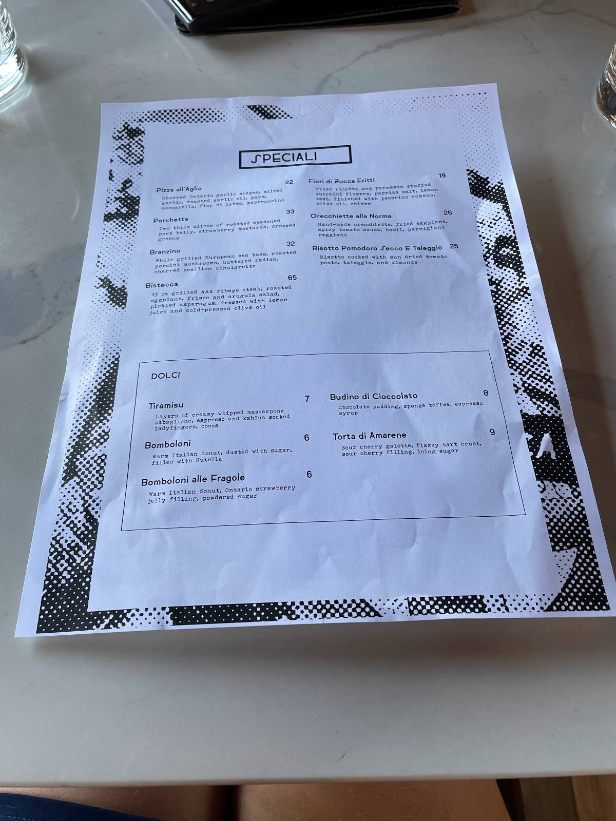 Menu at CIMA Enoteca restaurant, Hamilton