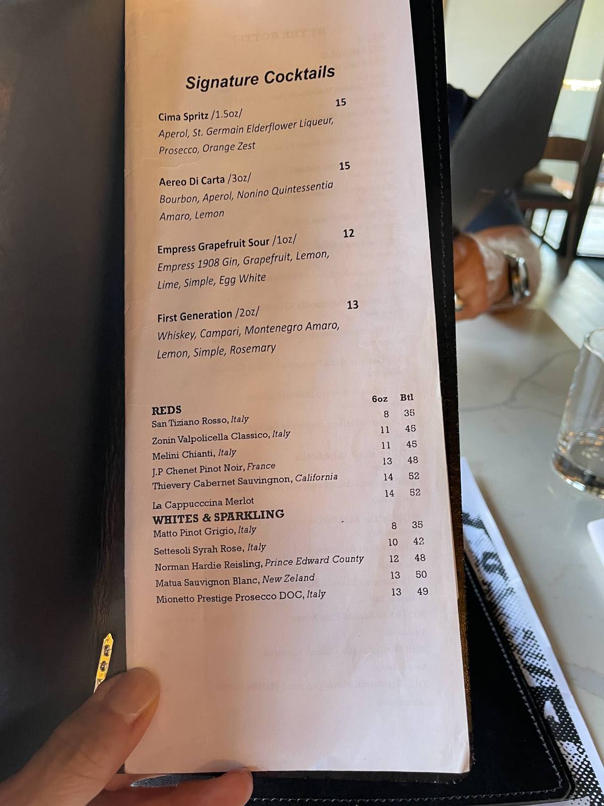 Menu at CIMA Enoteca restaurant, Hamilton