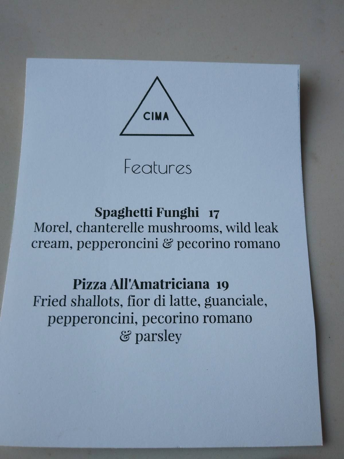 Menu at CIMA Enoteca restaurant, Hamilton