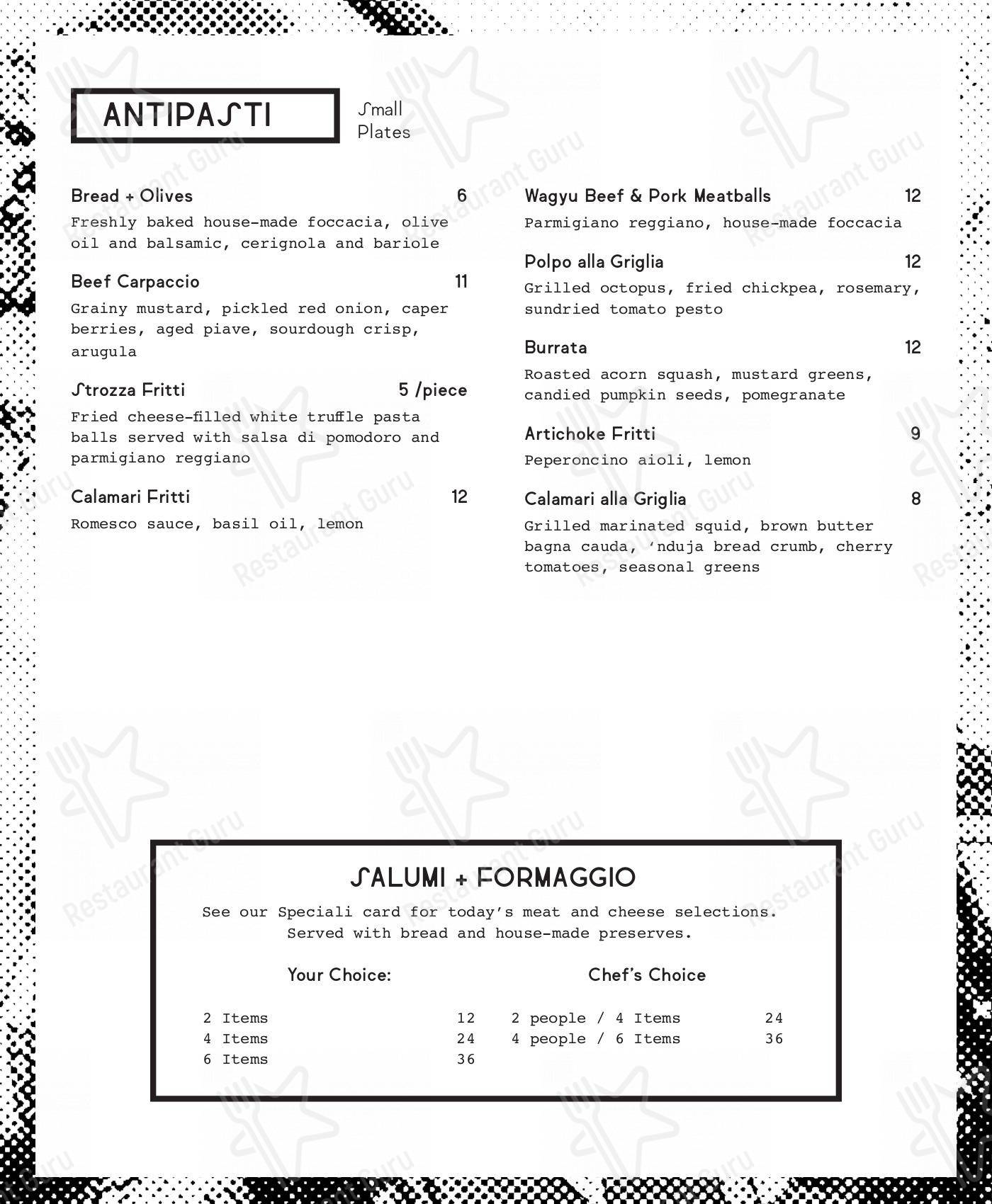 Menu at CIMA Enoteca restaurant, Hamilton
